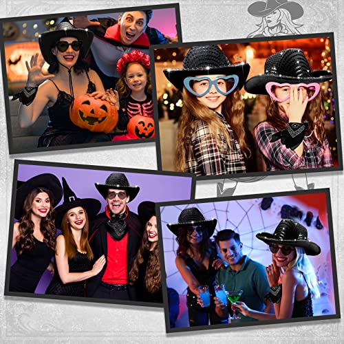 6 Pack Light Hat Space Cowgirl Hat LED Flashing Hat with 6 Heart Glasses 6 Paisley Bandanna Western Cowboy Costume(Black)