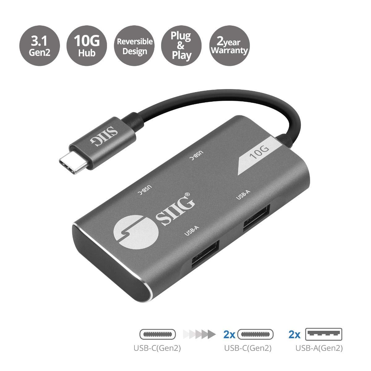 SIIG USB C Hub, 2X USB-C, 2X USB 3.1 with 10Gbps Data Transfer, Plug-n-Play for MacBook, PC, Laptop, Windows/MacOS (JU-H40G11-S1)