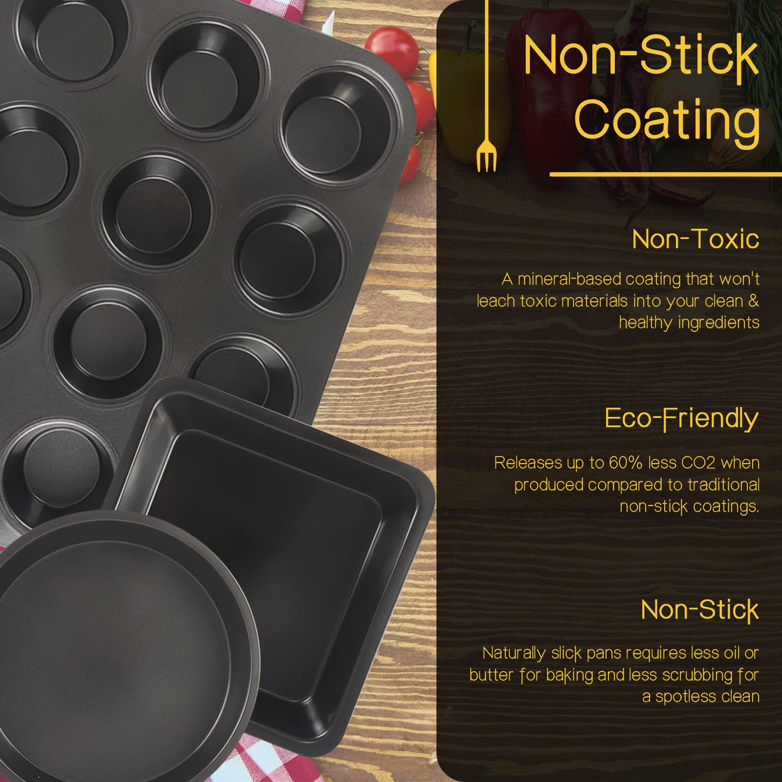 Baking Pans Sets Nonstick,5pcs Bakeware Sets with 12 Cup Cupcake Muffin pan,Round/Square Cake Pan, Muffin Pan, Loaf Pan, Roast Pan, Baking Sheets for Oven,Cookie Sheets for Baking,Toaster Oven Pans