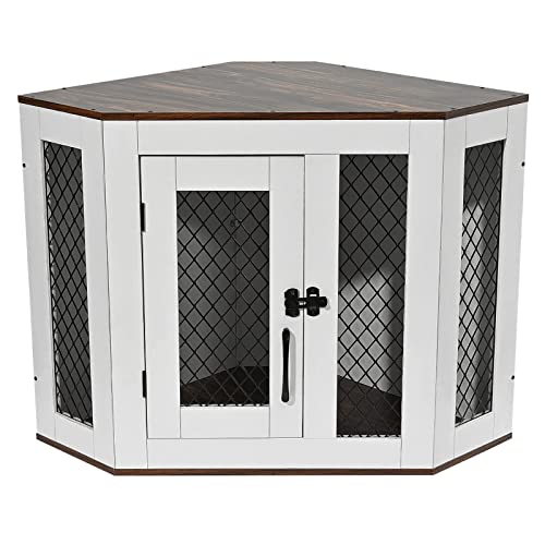 BOEASTER Corner Dog Crate Furniture, Wooden Dog Kennel End Table with Door Furniture Style Dog House Pet Crate Indoor Use for Small Medium Dogs (L38.65 x W23.03 x H26.3in)