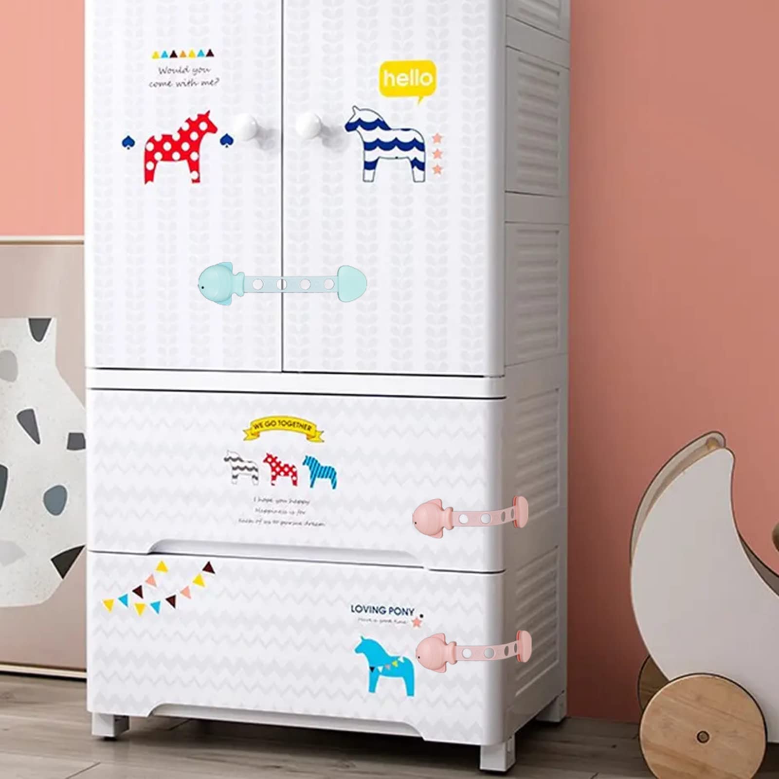 6 Pack Safety Strap Locks for Fridge, Cabinets, Drawers, Dishwasher, Toilet- Adjustable Strap, Fish Style Child Proof Locks for Cabinet Doors, Child Proof Cabinet Latches, Child Safety Cabinet Locks