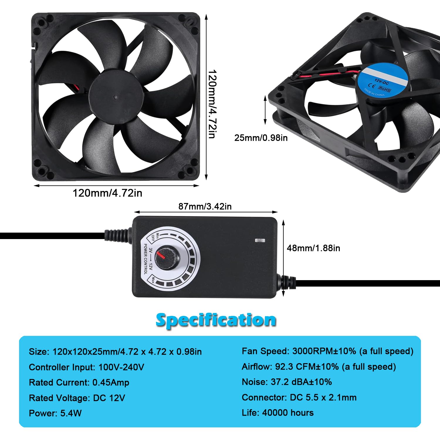 ALMOCN Computer Fan with AC Plug 120mm Fan with 3 to 12V Speed Controller 10V 220V Case Cooling Fan for Receiver Computer Case Cooler, 120 x 25mm