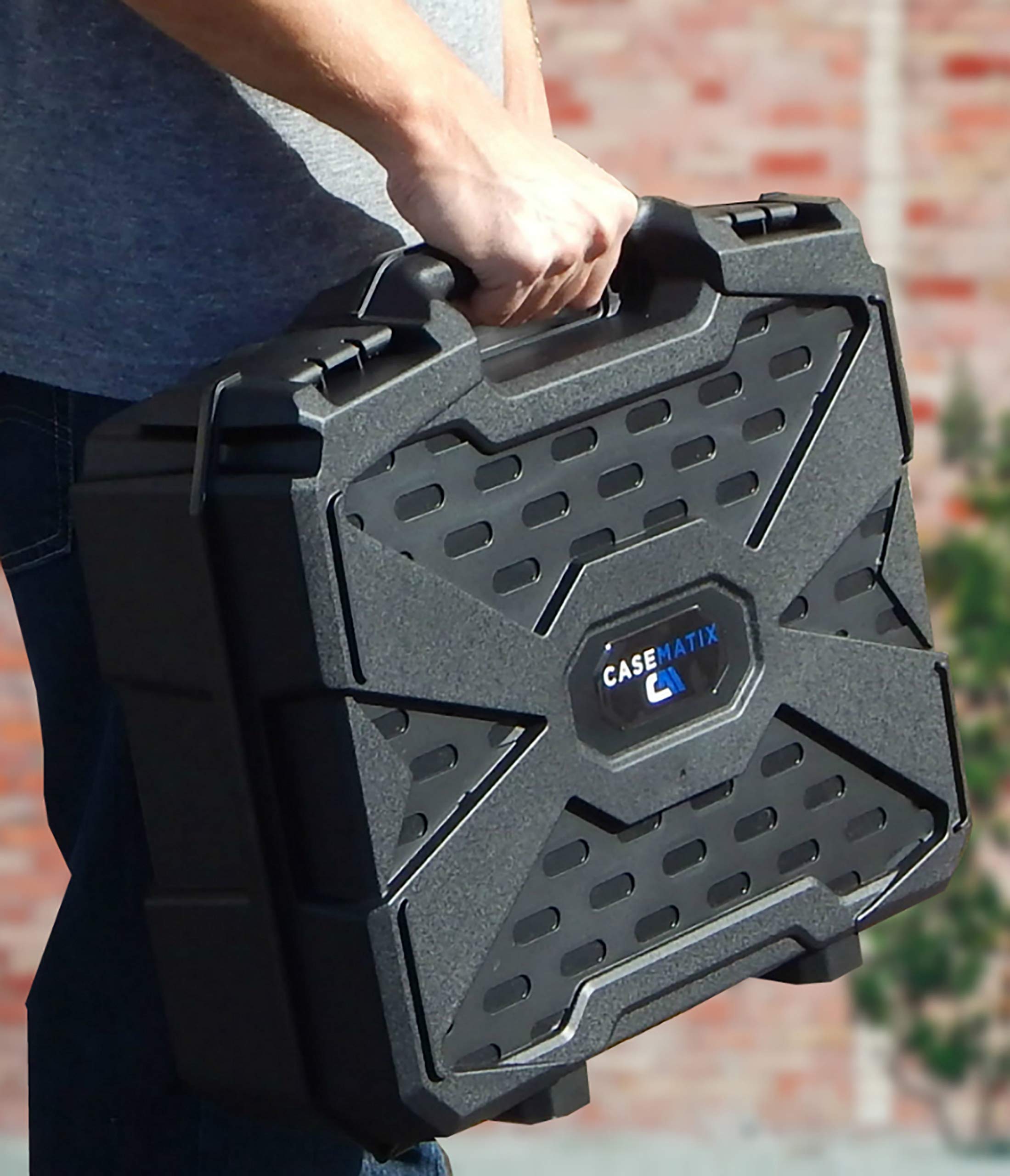 CASEMATIX 17 inch Mobile Podcast Station Travel Case Fits Mixers, Microphones, Laptops and Cables with Dual Customizable Foam Layers - Case Only with Blue Foam
