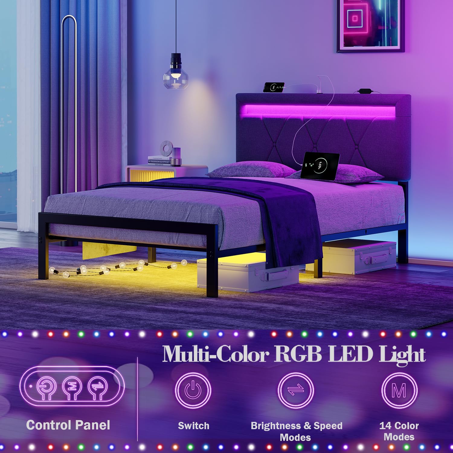 ROCHECASA Queen Bed Frame with Charging Station and LED Lights, Upholstered Bed with Height Adjustable Headboard, Noise Free, Easy Assembly, Dark Grey