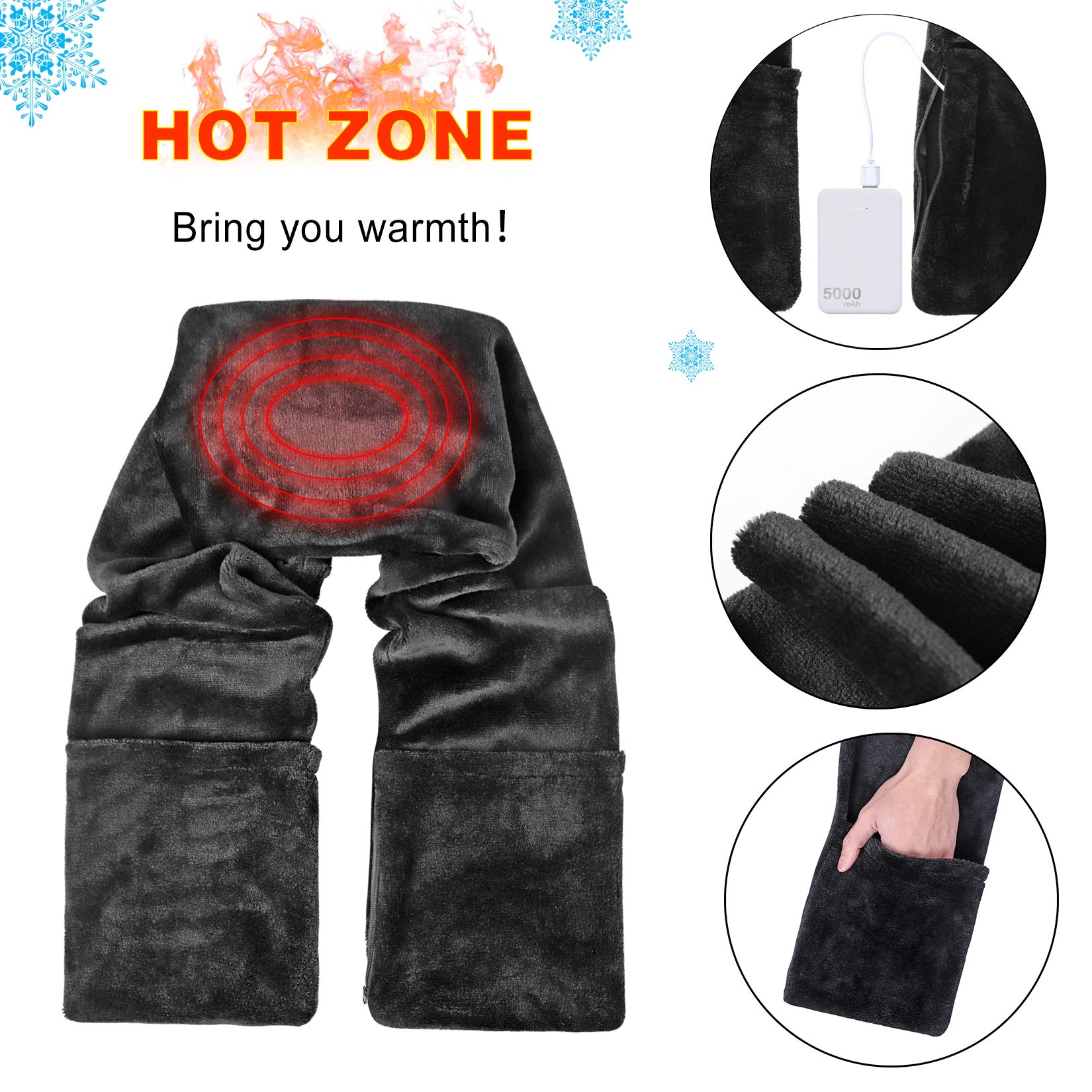 AK-SHIP Heated Scarf, USB Heated Shawl Electric Neck Warmer with Double Pockets Thermal Scarf Warming Mask and 5000mAh Power Bank [Black]