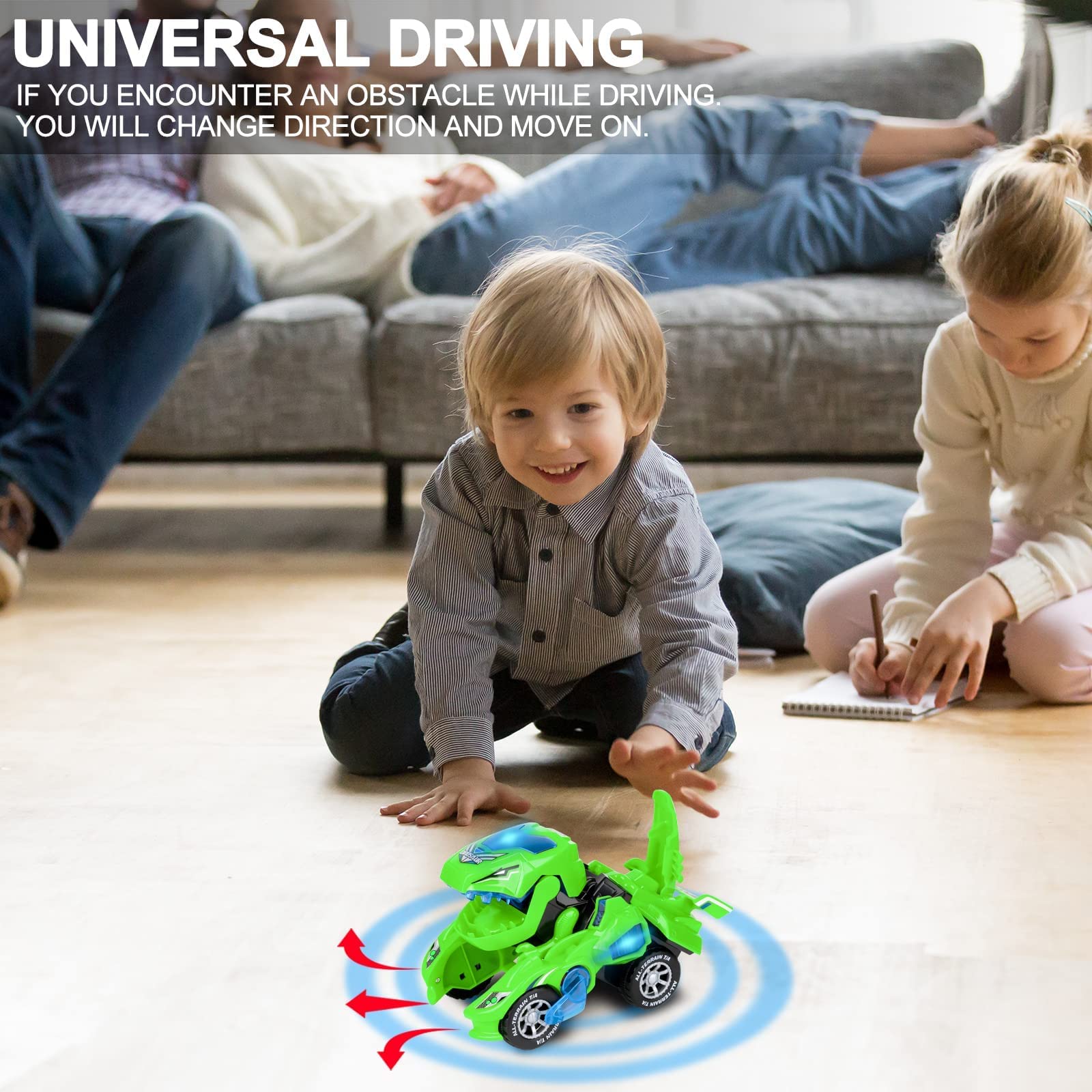 Bezzoni Transforming Dinosaur Car Toys, 2 in 1 Automatic Dinosaur Transform Car with LED Light and Music, Dinosaur Transform Toys for Kids 3-5 (Green)