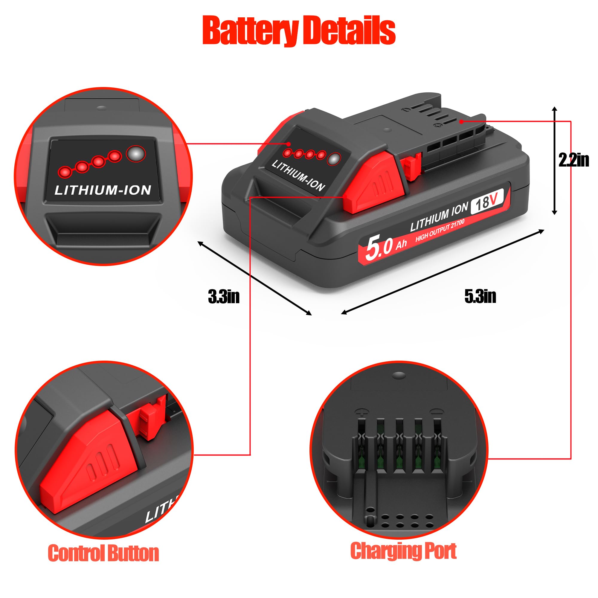 PEYESTEN 2 Packs High Output 5.0 Ah 18V Battery Replace for Milwaukee M18 Battery, Compatible with Milwaukee M18 Battery 48-11-1812 48-11-1852 Cordless Power Tools and Original Charger.