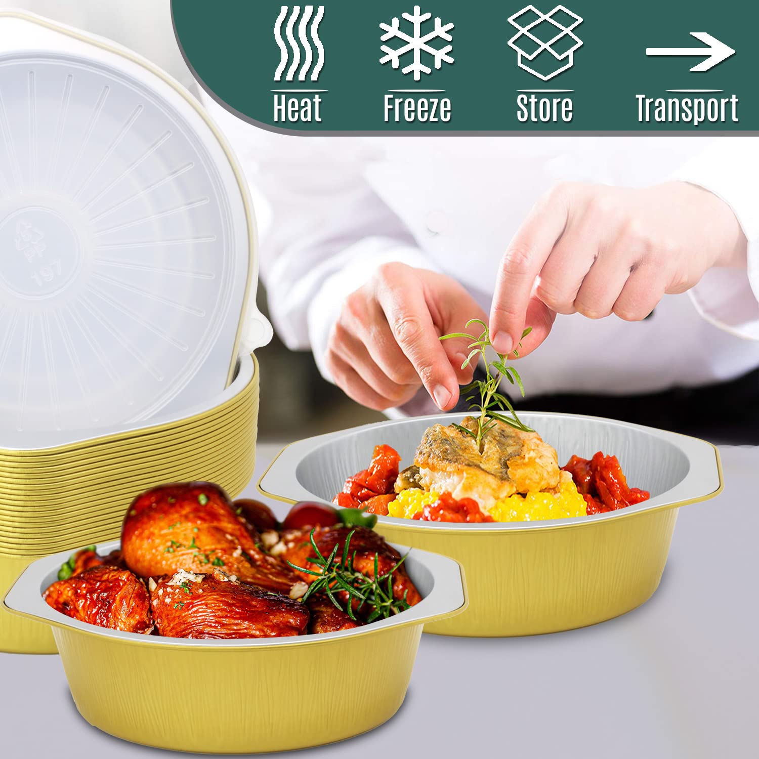 YAFIRST 20 Pcs 8" Aluminum Foil Pans with Lids, 3X Thick Heavy Duty Tin Food Containers 3lb. Disposable Cookware Baking Pans for Cooking, Baking & Meal Prep. Oven, Freezer and Microwave Safe.