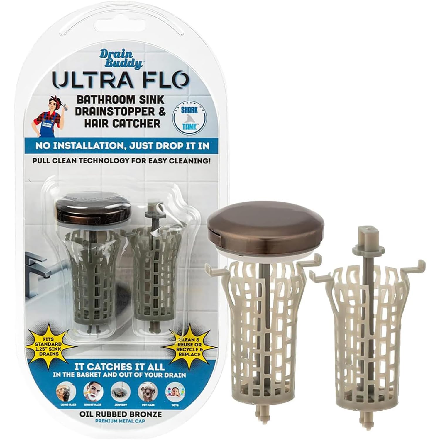 Drain Buddy Ultra Flo- 2 in 1 Bathroom Sink Stopper & Hair Catcher W/Patented Pull Clean Technology! | Fits 1.25” Sink Drains, Clog Preventing | Oil Rubbed Bronze Metal Cap / 1 Replacement Basket