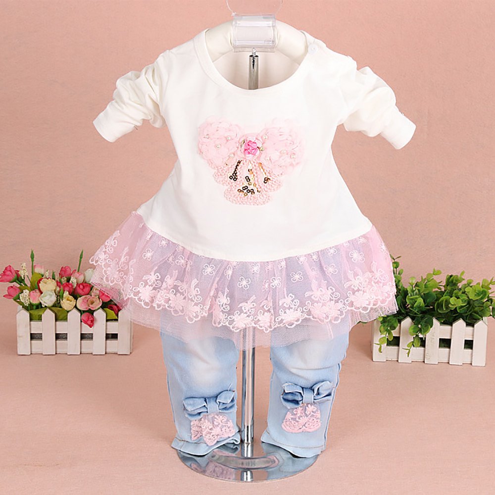 Yao Baby Girls Denim Clothing Sets 3 Pieces Sets T Shirt Denim Jacket and Jeans