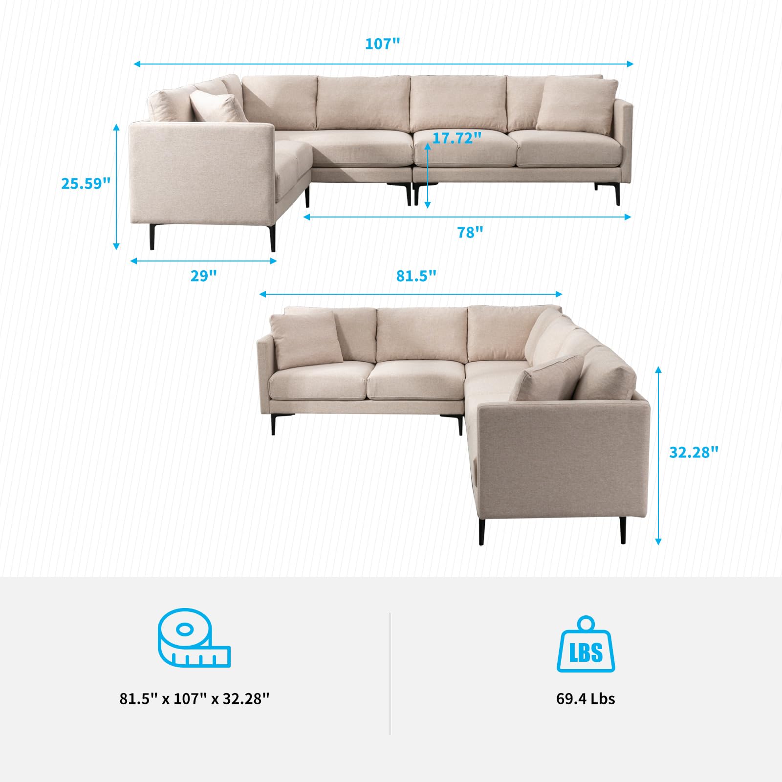 Mjkone 107" Modern Linen Sectional L-Shaped Couch, Convertible L Shaped Sofa with 2 Cushions, Oversized 5 Seat Corner Sofa Couch Set with Sturdy Legs for Living Room Apartment - Beige
