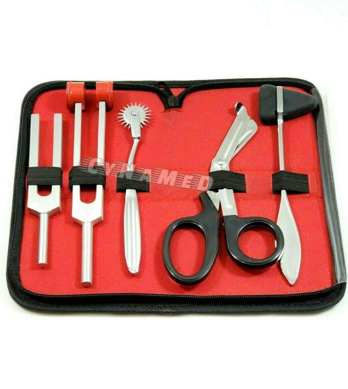 New 5 Piece Student Diagnostic Kit - Reflex Taylor Hammer and Tuning Fork Set C 128 and C 512. Includes Wartenberg Pinwheel, Premium Steel Bandage Scissor 7.5β Black