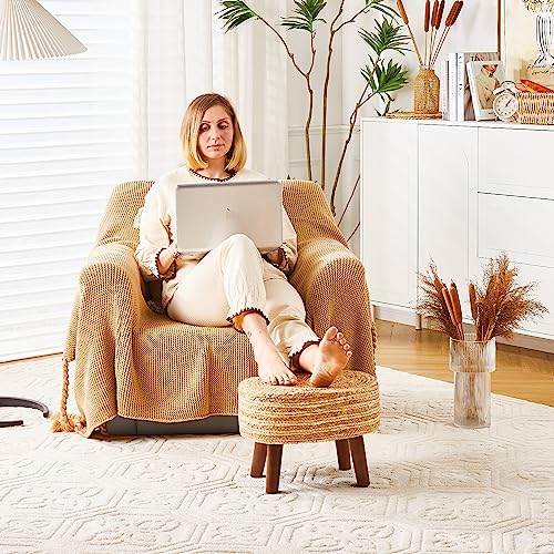 Cpintltr Pouf Ottoman Natural Water Hyacinth Footrest Pouffe Hand Weave Seagrass Boho Ottomans Footstool with Non-Skid Pine Legs for Bedroom Living Room Patio White