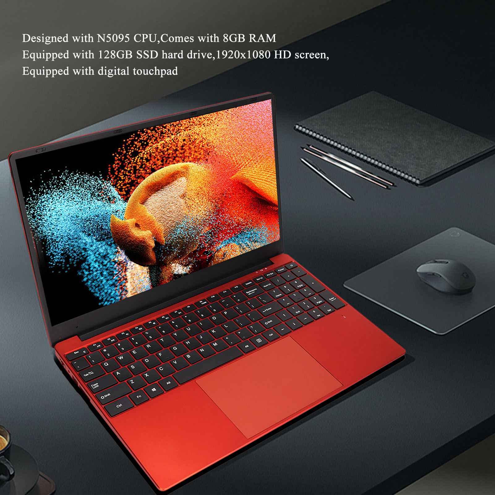 Asixxsix Laptop, 15.6 inch HD IPS Display 8GB RAM 128GB SSD Computer Laptop for Win 11, Built in Speakers, with Touchpad, N5095 CPU, Long Battery Life, for School Office, Red(US)