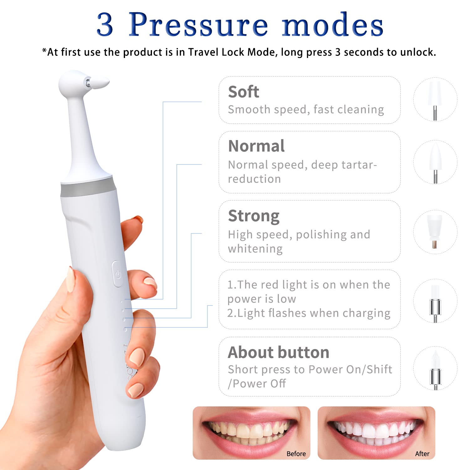 Akizbeir Electric Tooth Polisher, with 10 Replacement Heads, Household Dental Tartar Calculus Remover(White-Grey)