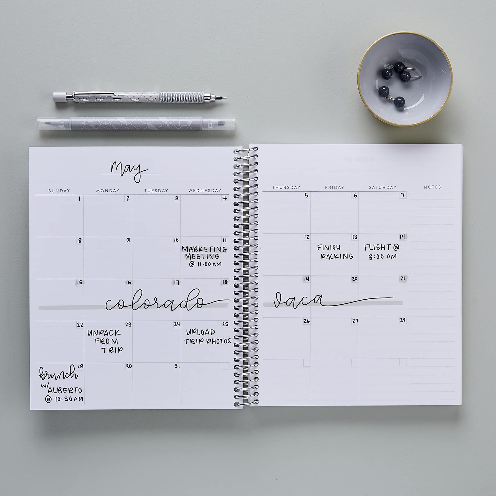 7" x 9" Spiral Bound 12 Month Undated Calendar Notebook - Solid Wisteria Vegan Leather with Lined Note and Goals Pages. 80 Lb. Thick Mohawk Paper by Erin Condren.