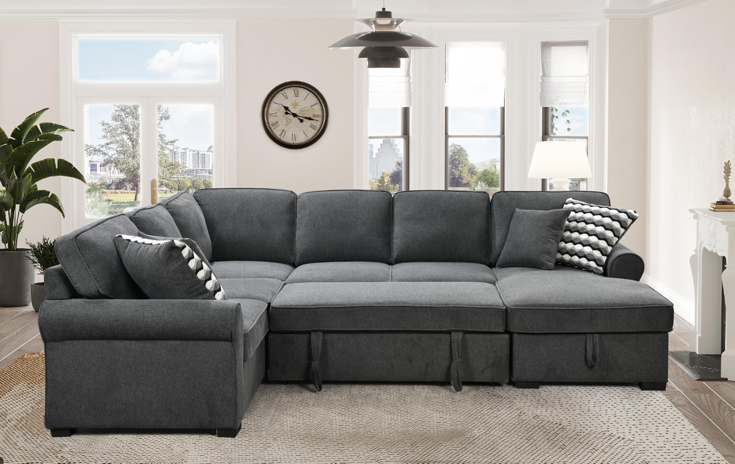 RENDGO 117" U Shape Sectional Sleeper Sofa Bed with Storage Chaise for Large Space Dorm Apartment,Beige, 7 Seater