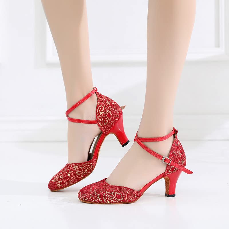AOQUNFS Women Latin Dance Shoes Closed Toe Ballroom Salsa Tango Modern Practice Performance Party Dancing Shoes,QJW1017,Red-6,US 6.5