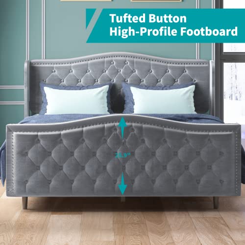 BALUS King Wingback Bed Frame with Headboard,Upholstered Platform Bed Frame Dutch Velvet Upholstered Bed,Modern Design,Available in 3 Sizes and 3 Colors Panel Bed Frame (Silver Gray)