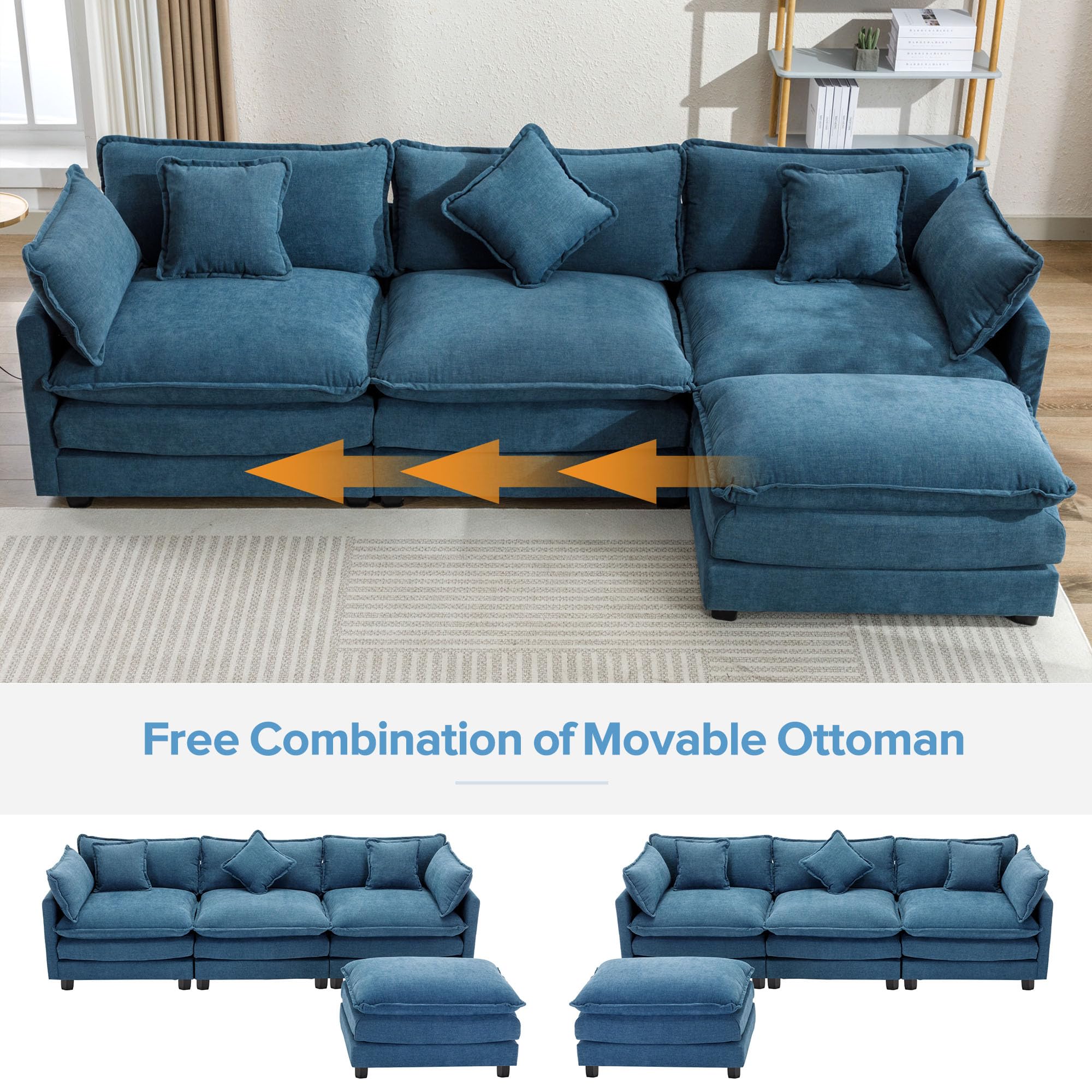 JIVOIT 112.2" L-Shape Chenille Upholstered Sofa with 5 Pillows, Modern Luxury Sofa Couch with Removable Ottoman, 3-Seater Couch Sectional Sofa Set for Living Room (Blue-5 Pillows)