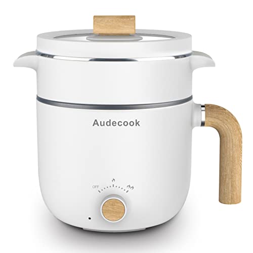 Audecook Hot Pot Electric with Steamer, 1.5L Portable Non-Stick Mini Rapid Ramen Cooker, Travel Multifunctional Electric Skillet with Dual Power Control for Pasta/Soup/Steak/Egg/Oatmeal (White)