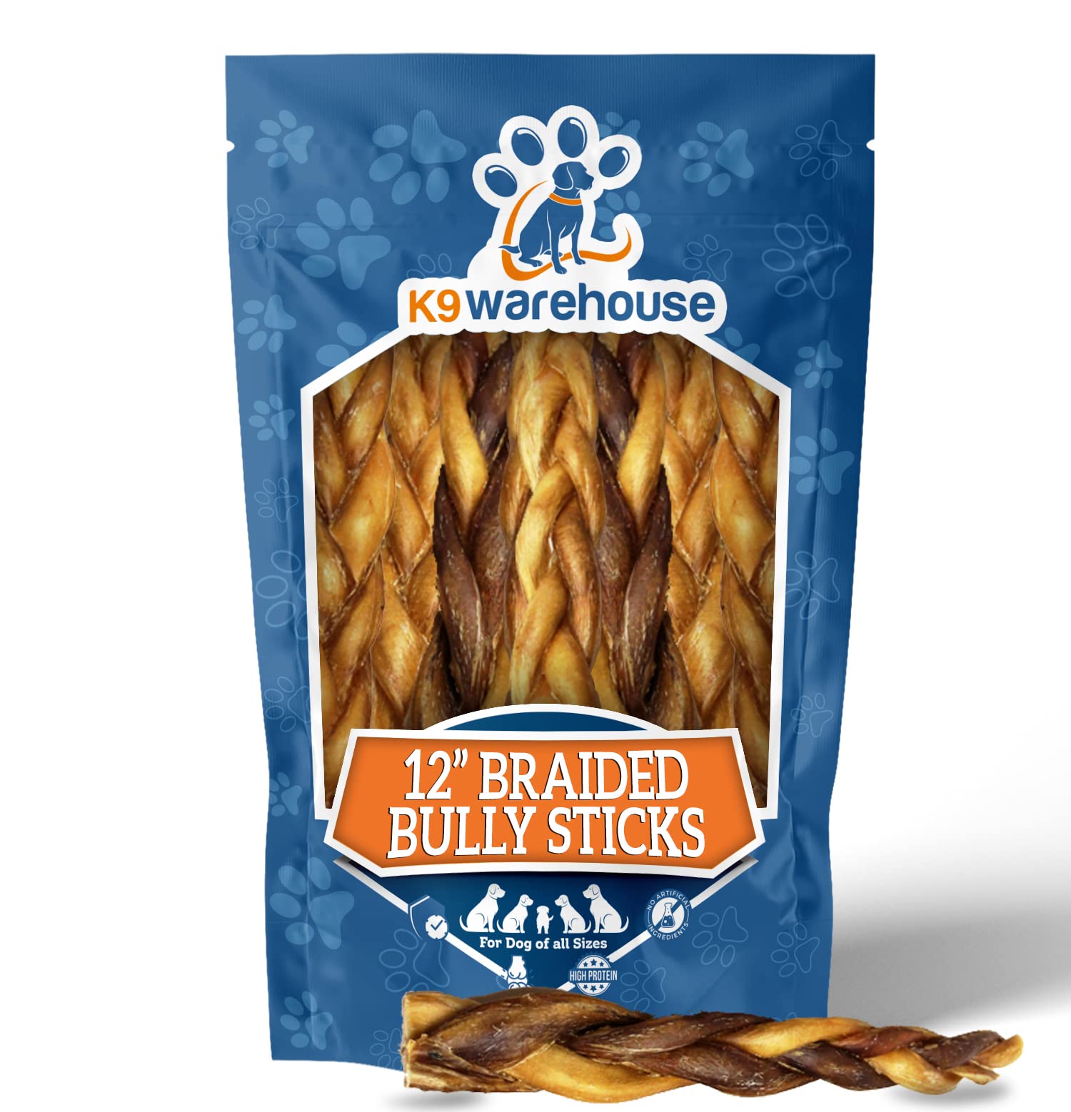 K9warehouse Braided Bully Sticks for Dogs - 12 inch (3 Count)