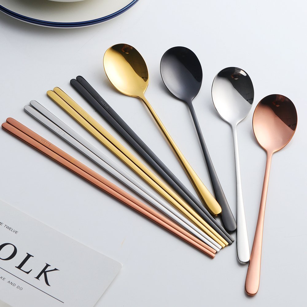 Buyer Star 4 Set Chopsticks Spoon Set, 4 Color Reusable Metal Stainless Steel Korean Chopstix Spoon Set Christmas Gift