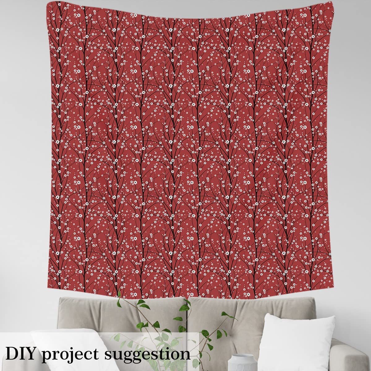 Cherry Blossoms Fabric by The Yard, Japanese Style Upholstery Fabric for Chairs,Chic Floral Decorative Waterproof Outdoor Fabric, Spring White Flower Branch Indoor Fabric, 1 Yard, Red Black