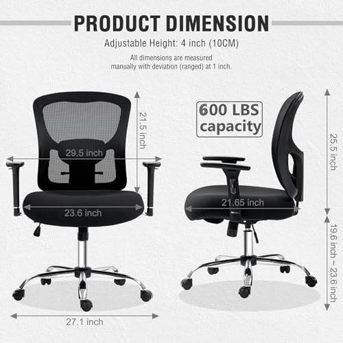 Big and Tall Office Chair 600lbs, Ergonomic Computer Desk Chair for Heavy People with 4D Adjustable Armrest and Lumbar Support, Heavy Duty Metal Base Mesh Chair with Wide Seat for Home Office