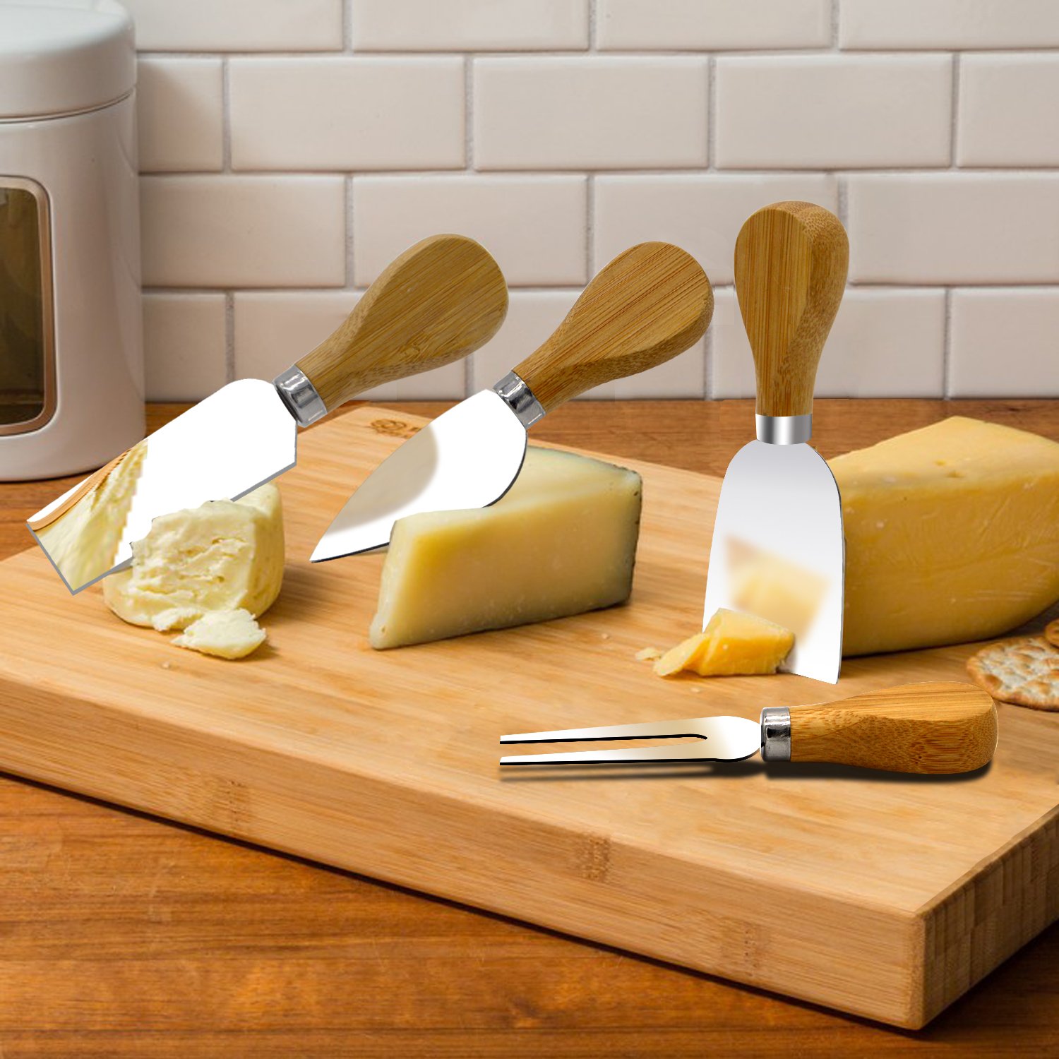 Freehawk 4 Pieces Set Cheese Knives with Bamboo Wood Handle Steel Stainless Cheese Slicer Cheese Cutter (Original Bamboo Handle)