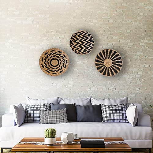 Boho Wall Basket Decor Set of 3, Hand Woven Rattan Hanging Décor, Decoration for Living Room, Office, Bedroom