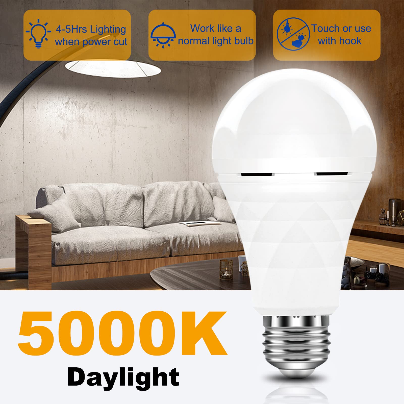 A19 Rechargeable Light Bulbs, Emergency Light Bulbs for Power Failure, LED Bulb 80 Watt Equivalent,12W 5000K Daylight 1200mAh Battery Backup Light Bulb E26/E27 with Hook for Daily and Emergency Use.