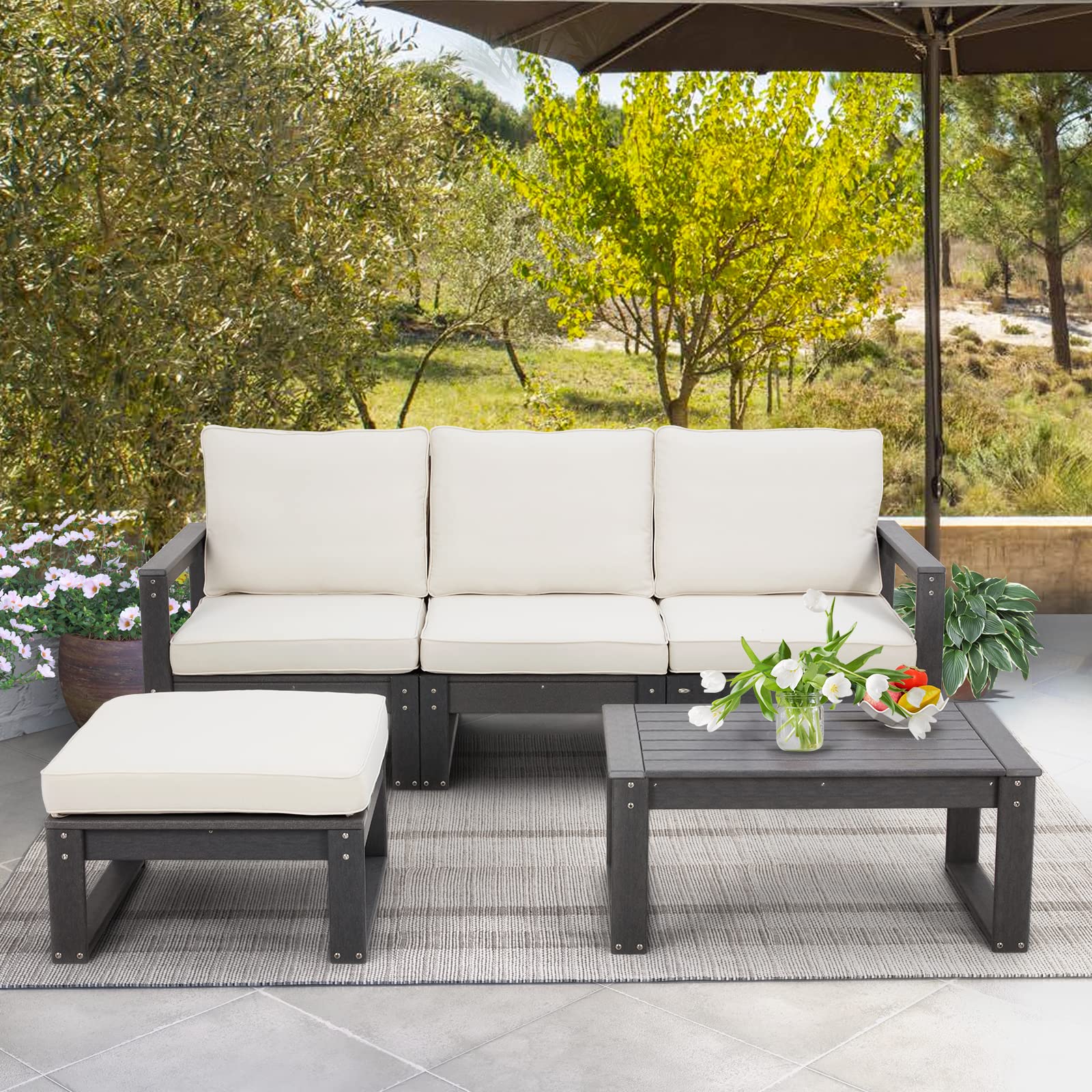 Erinnyees 3PCS Outdoor Furniture Set, HDPE Modern Patio Conversation Sets, Sectional Sofa Set with Removable Cushions and Coffee Table for Balcony, Garden, Grey