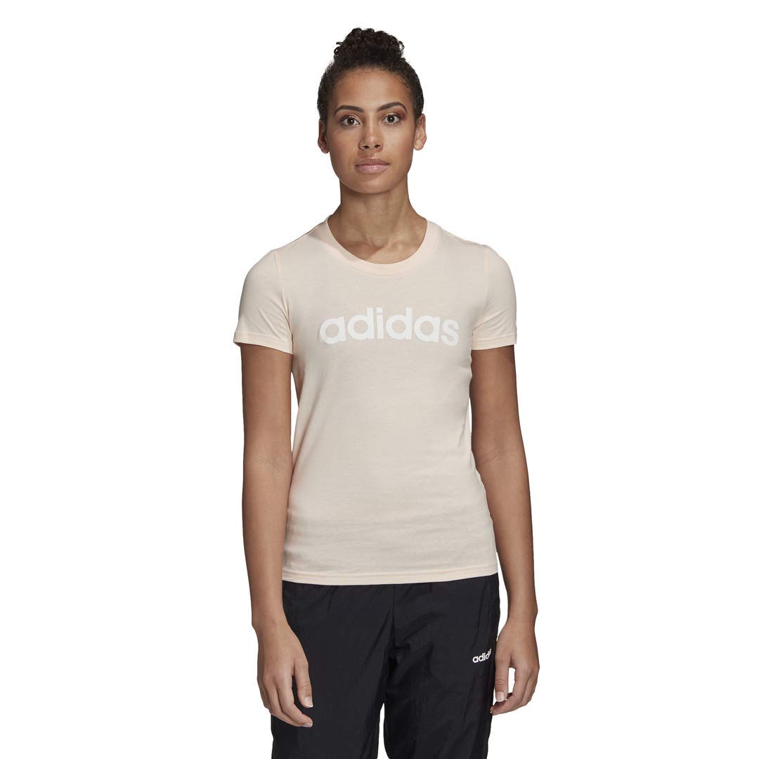 adidas womens Essentials Linear Tee Pink Tint/White X-Small