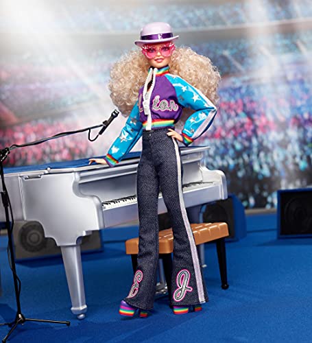 Barbie Elton John Collector Doll (12-inch, Curly Blonde Hair) in Bomber Jacket and Flared Denim, with Doll Stand and Certificate of Authenticity