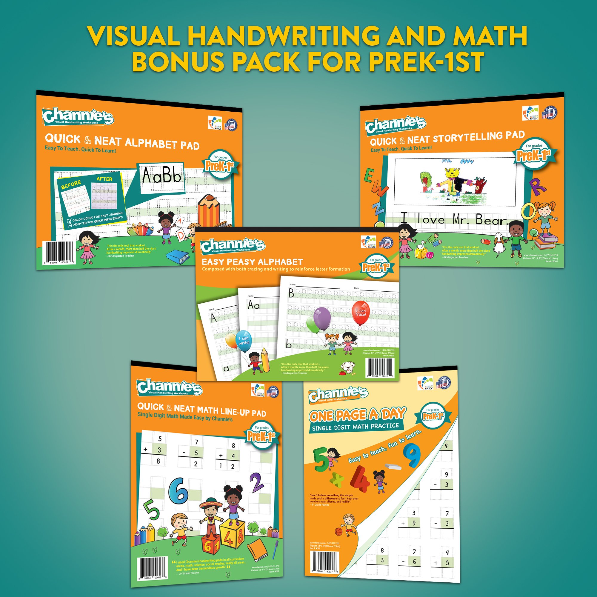 Channieās All-in-One Visual Handwriting & Math Workbook Set for Pre-Kindergarten - 1st Grade Elementary School Students (5 Pack)