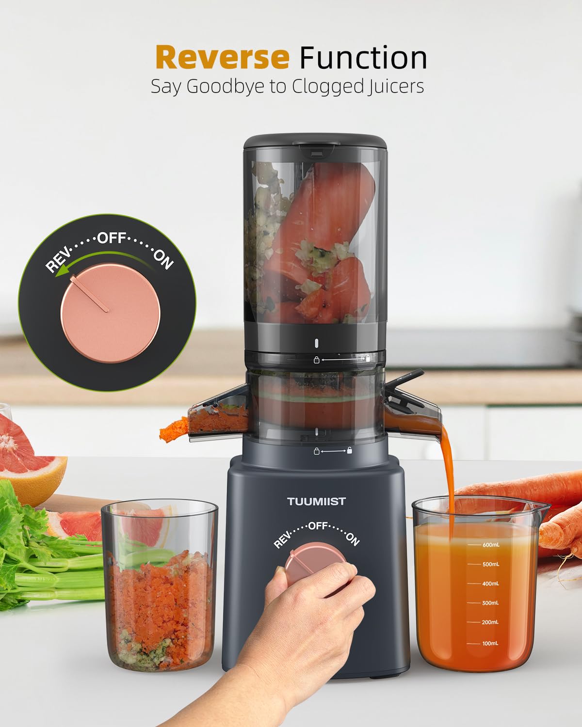 Juicer Machines, TUUMIIST Cold Press Juicer with 4.25'' Large Feed Chute Fit Whole Vegetable And Fruit, Masticating Juicer Easy To Clean, Gun Grey