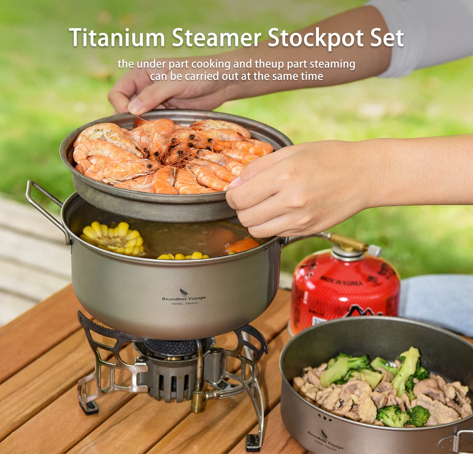 iBasingo 1.8L Titanium Steamer Stockpot Frying Pan Set Ultralight Outdoor Camping Pot Pan Set Portable Campfire Soup Hot Pot Cookware Backpacking Household Kitchen Cooking Kit Ti2101C