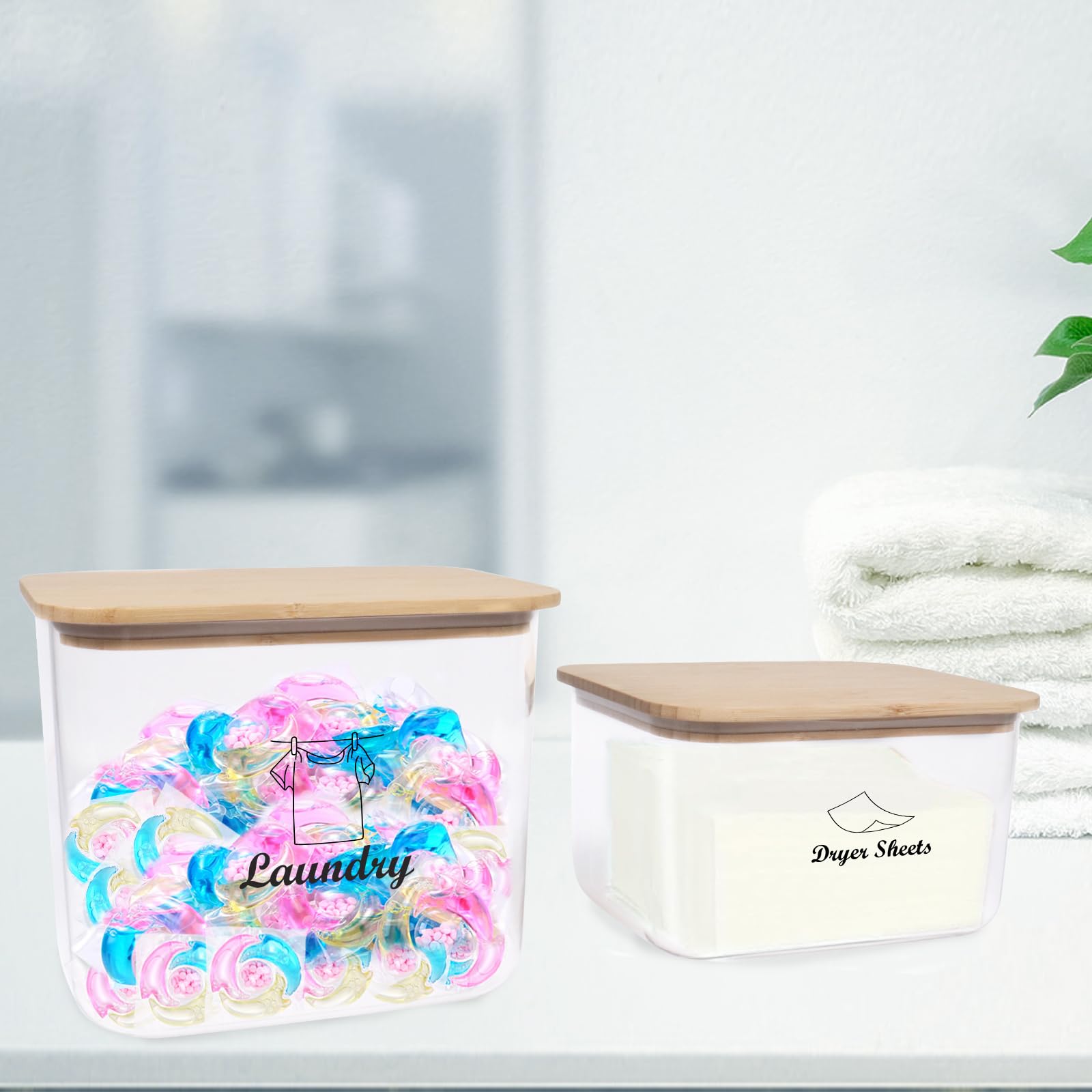 Xbopetda Laundry Pods Container and Dryer Sheet Holder for Laundry Room Organization and Storage, Acrylic Laundry Powder Detergent Dispenser, Clear Dryer Sheets Container, Bamboo Sealing Lid and Scoop