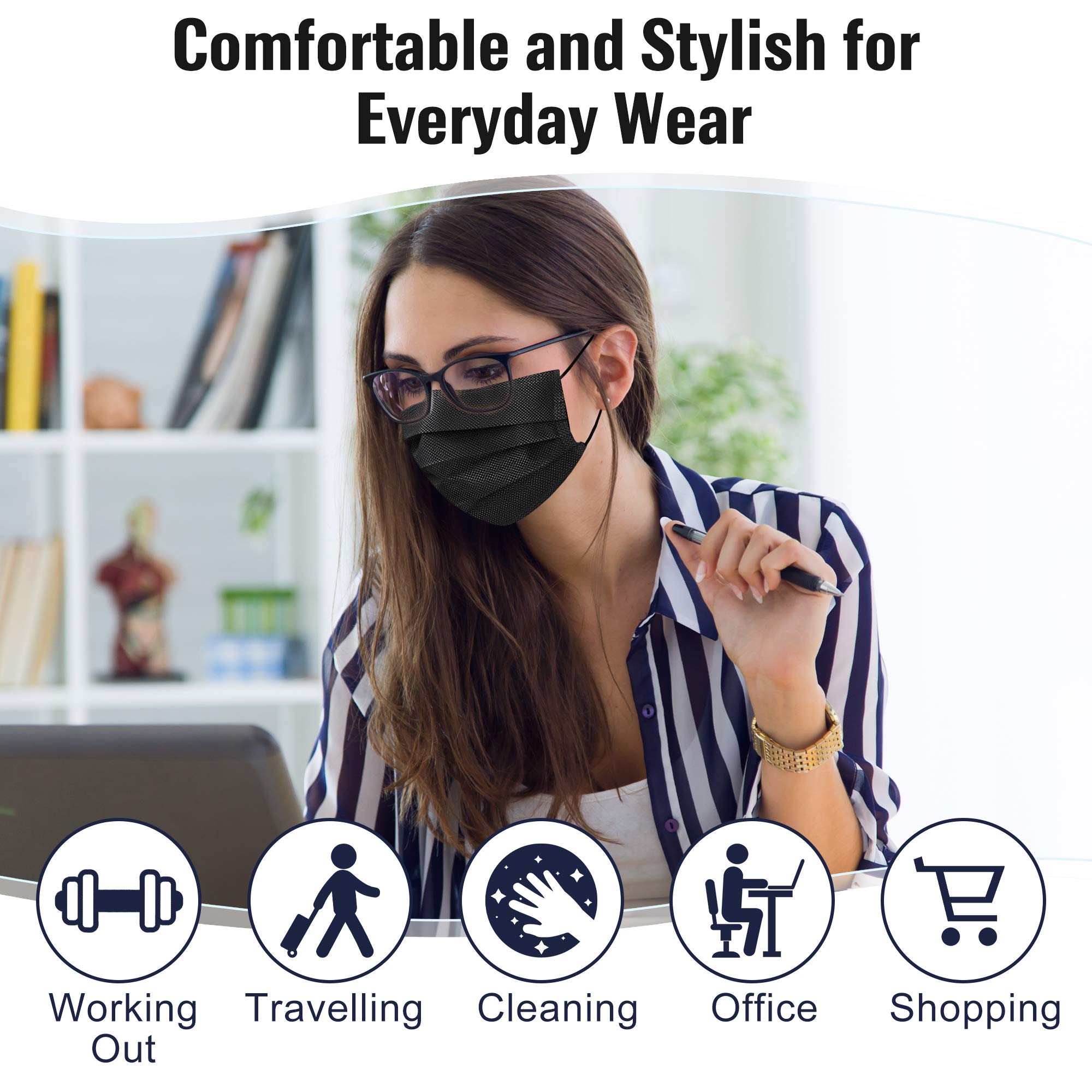 AOTDAOU Black Face Mask for Adults Women Men, Black Face Mask Disposable, Breathable Disposable Mask with Adjustable Ear Loops (30PCS)
