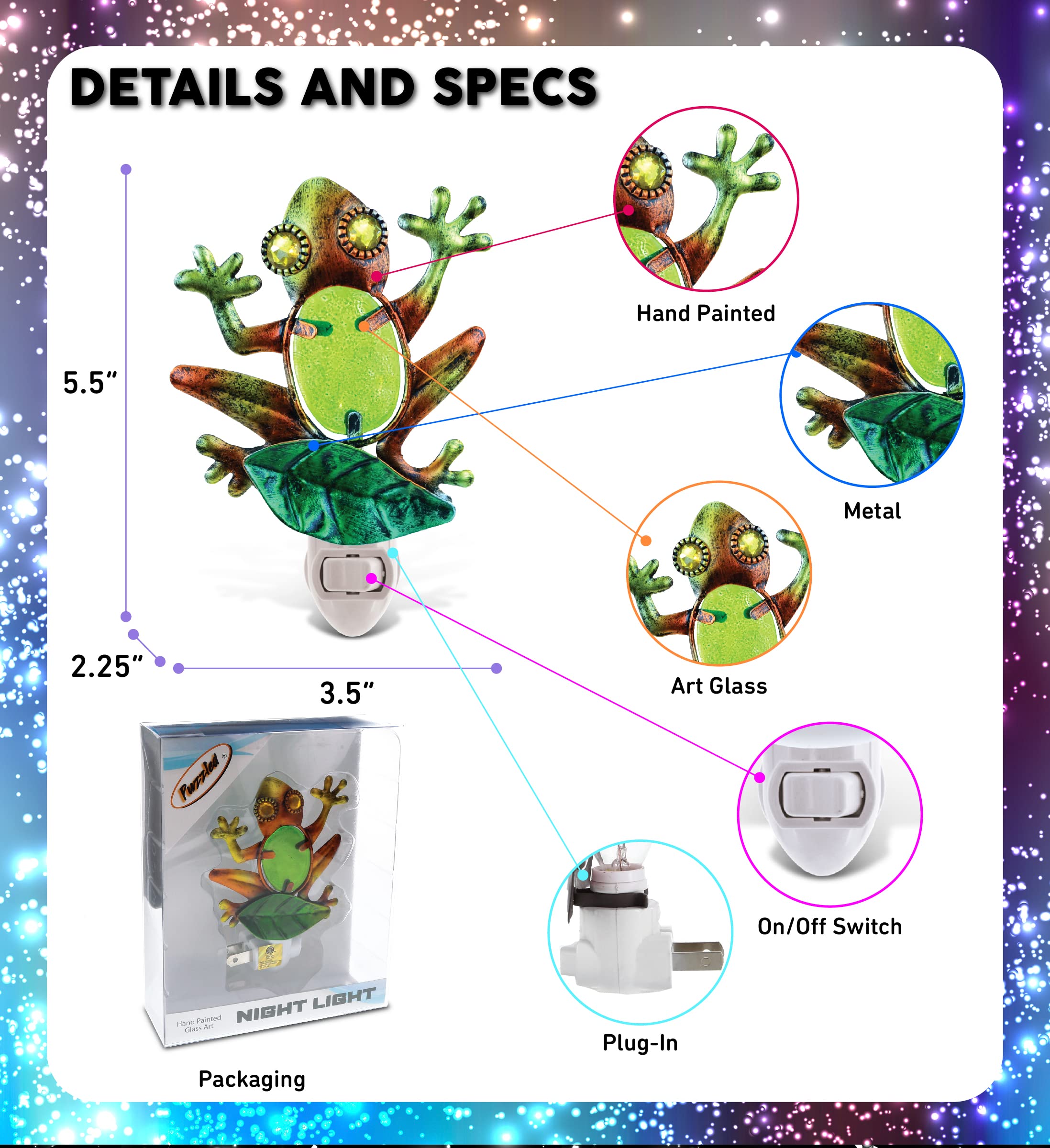 Puzzled Frog Night Light - 5.5 Inch Plug in Energy Efficient Decorative Socket Lamp, Manual On & Off Portable Lights for Stairway, Bedroom, Bathroom, Nursery, Home Accessory & Kitchen Decor
