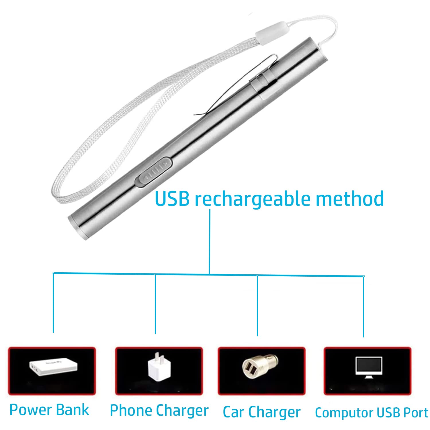yuentoen Pen Light Flashlight, Rechargeable LED Super Bright Flashlight with Stainless Steel Clip and USB Cable for Home Camping Outdoor and Emergency - Silver