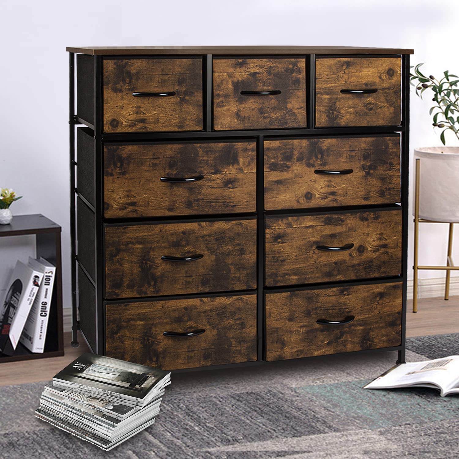 CERBIOR Wide Drawer Dresser Storage Organizer 9-Drawer Closet Shelves, Sturdy Steel Frame Marbling Wood Top with Easy Pull Fabric Bins for Clothing, Blankets (9-Rustic Brown Drawers)