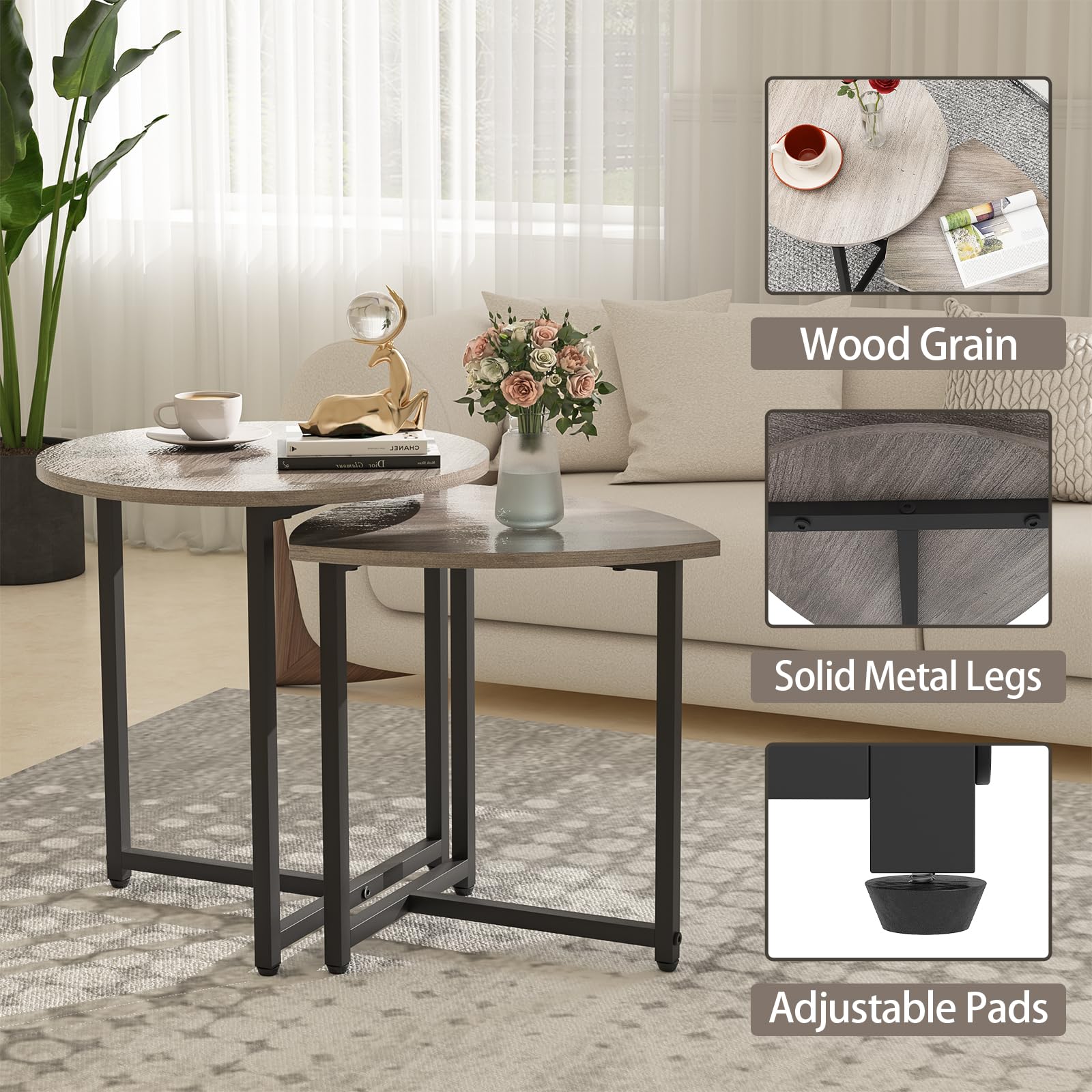 Wolawu Nesting Table Small Round Coffee Table,Set of 2 End Tables,Minimalist Side Table for Living Room Bedroom,Stacking Sofa Side Tables with Solid Metal Frame for Small Space,Oak