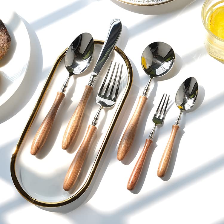 Soup Spoons, 4 pieces 18/8 Stainless Steel Round Spoons Dinner Spoons with Wood Handle, Flatware Silverware Eating Utensils Table Spoons for Home Kitchen, Mirror Polish, 7.28-Inch