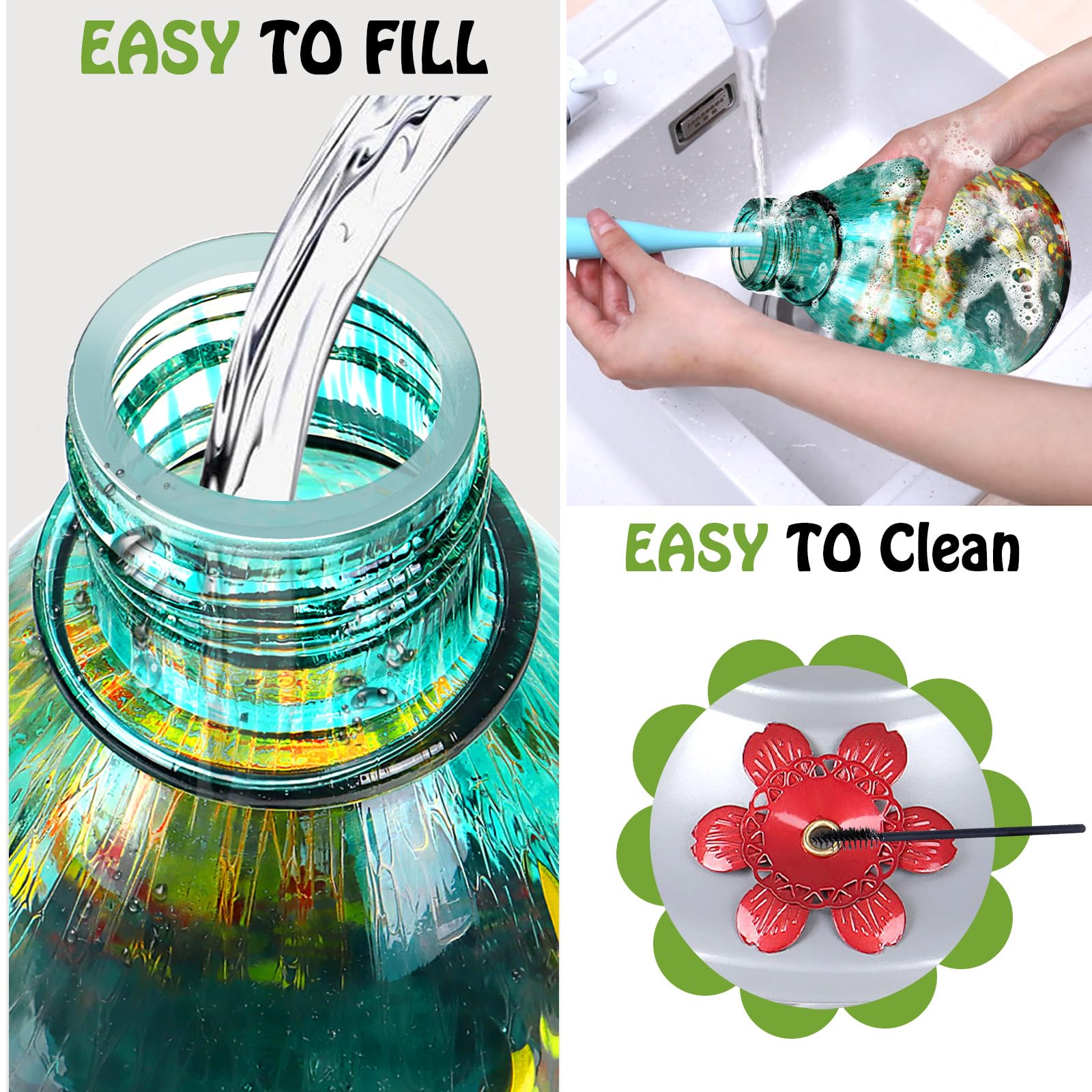 BOLITE Hummingbird Feeders for Outdoors, Hand Blown Glass, 30 Ounce, 5 Feeding Ports with Perch, 21003BU Green