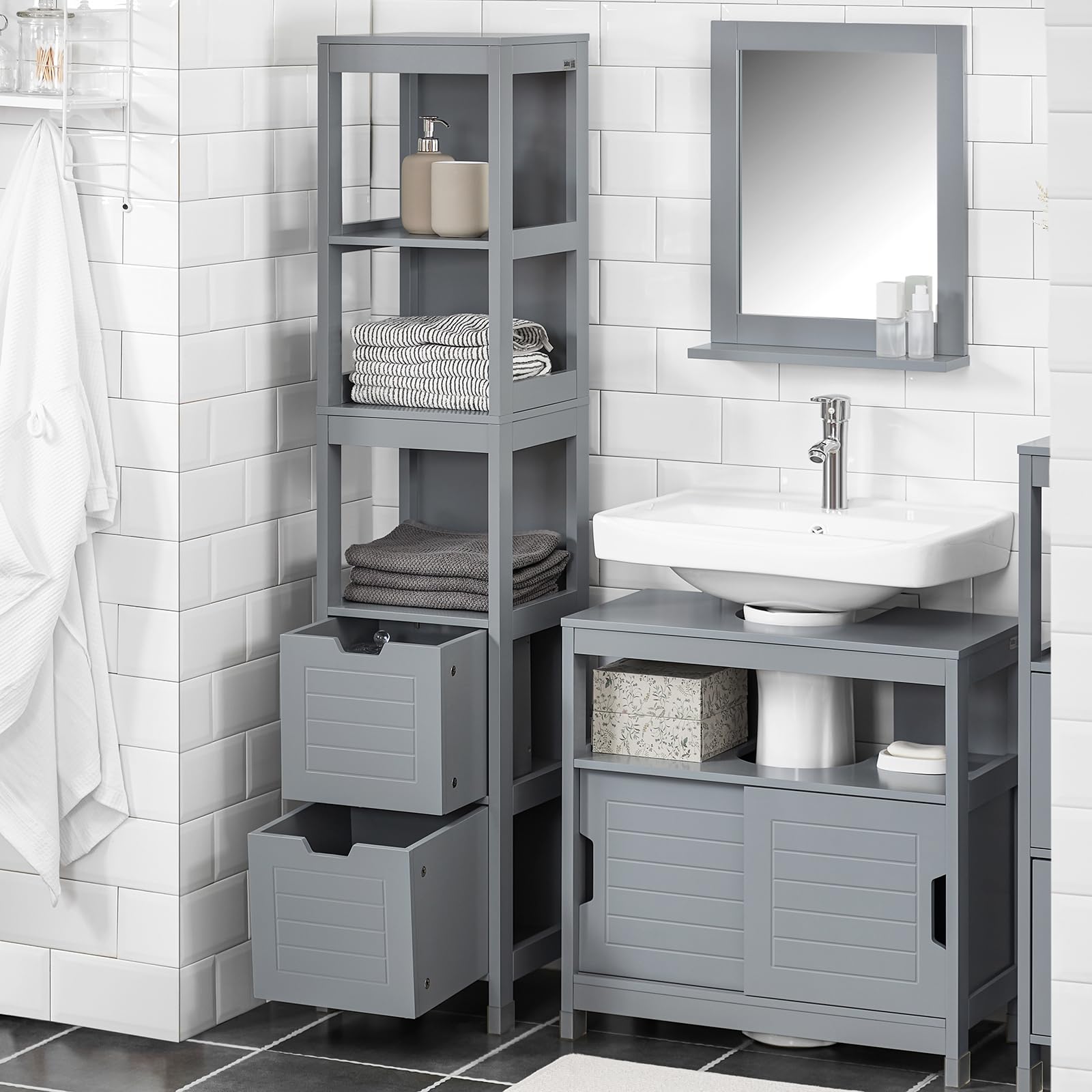 Haotian Floor Standing Tall Bathroom Storage Cabinet with Shelves and Door,Linen Tower Bath Cabinet, Cabinet with Shelf, Grey FRG126-SG