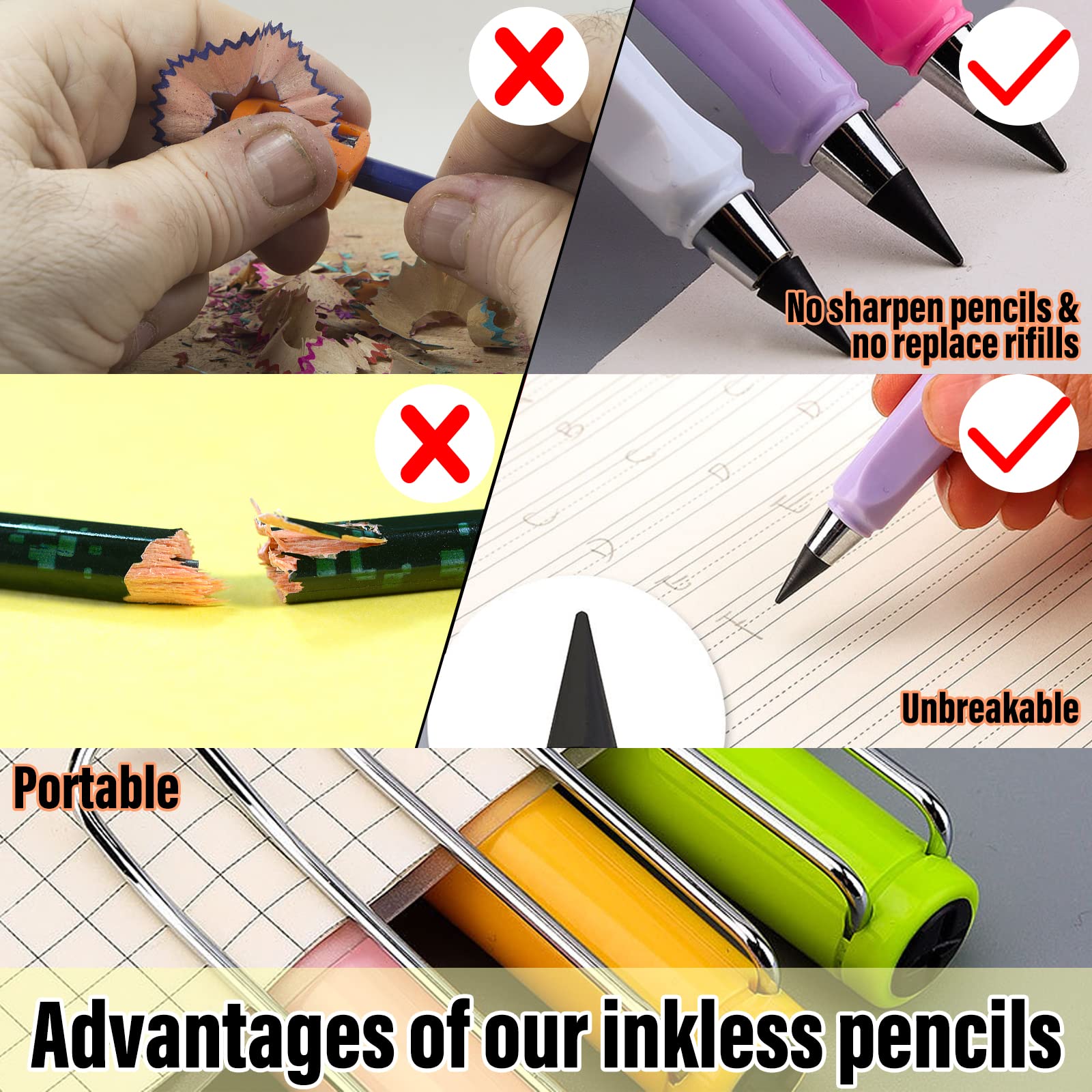Ablink 6pcs Everlasting Pencil, Inkless Pencils Eternal with 6pcs Replacement Nibs, Infinity Pencil Magic Pencils, Portable Reusable Erasable Writing Pencil, for Writing Art Sketch Painting Tool