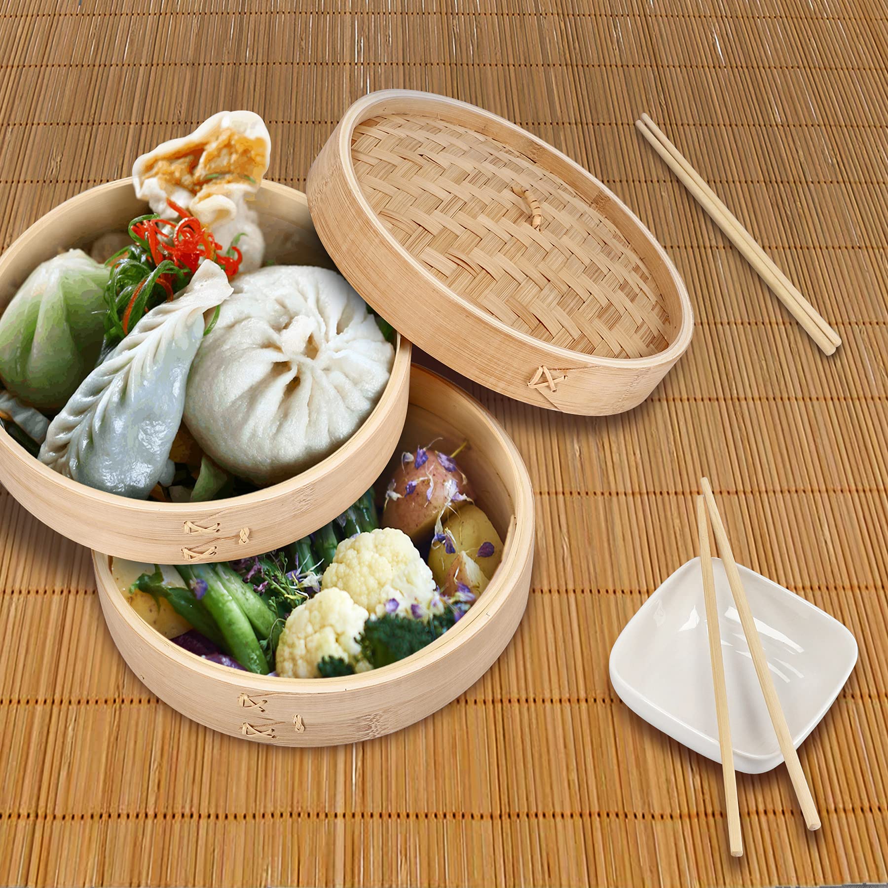 Bamboo Steamer 10 Inch - Basket 2 Tier Steam Cooker Pot for Rice, Dim Sum, Fish, Vegetable & Meat β Set of Two Bamboo Chopsticks, Steamer Liner and Steamer Basket