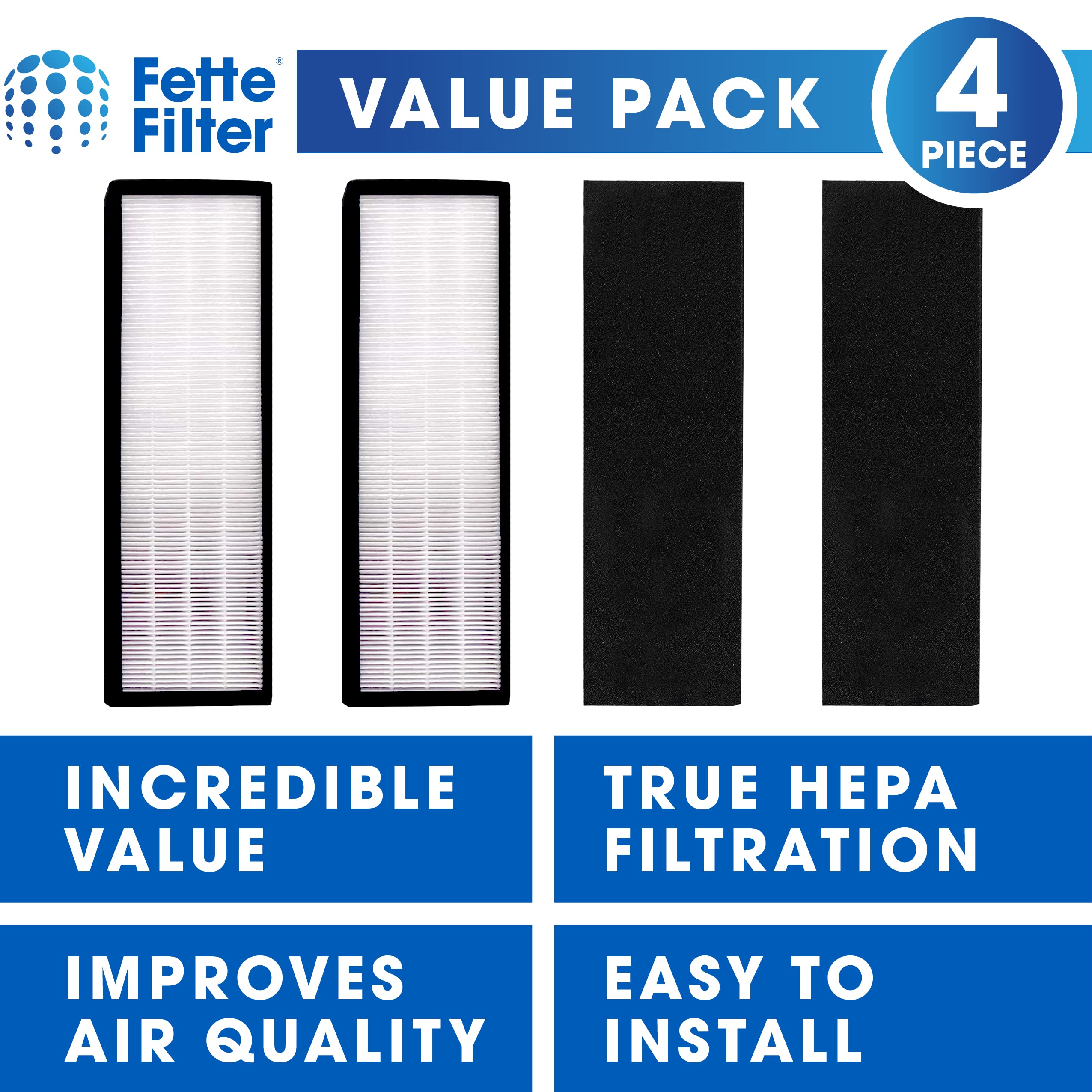 Fette Filter - 2 Pack Premium T500 True HEPA Filter Replacements Compatible with Air Purifier Filter T500 tower. Compare to Part # TF60-MP & TF60-MP (Includes 2 Hepa & 2 Carbon Filters)